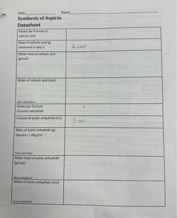 Solved Date Name Synthesis of Aspirin Datasheet Molecular | Chegg.com
