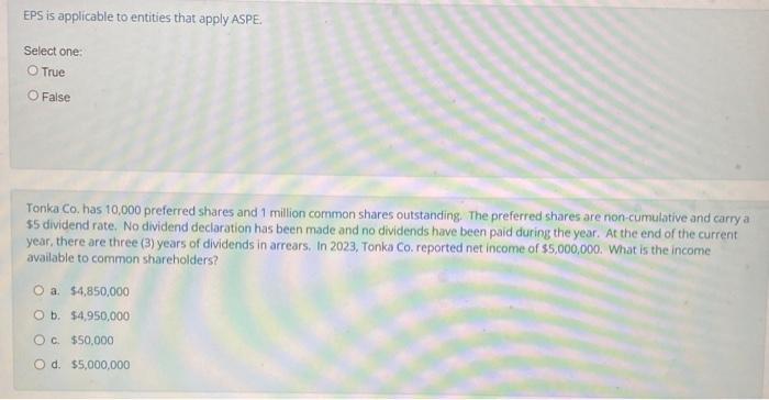 Solved EPS is applicable to entities that apply ASPE. Select | Chegg.com