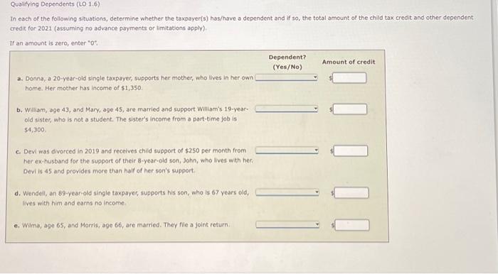 Solved Qualifying Dependents (LO 1.6) In each of the | Chegg.com