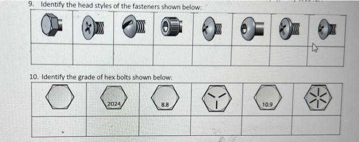 Solved 9. Identify the head styles of the fasteners shown | Chegg.com