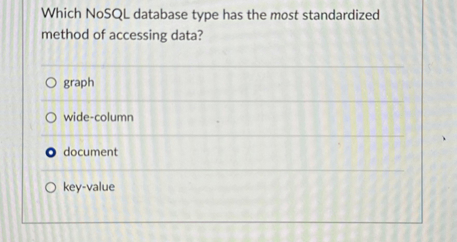 Solved Which NoSQL database type has the most standardized | Chegg.com