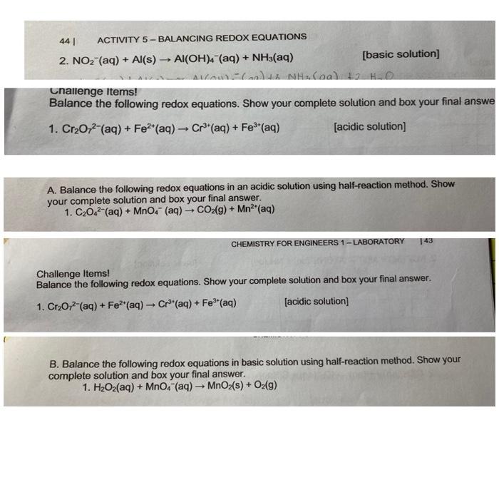 Solved 44I ACTIVITY 5 - BALANCING REDOX EQUATIONS 2. | Chegg.com