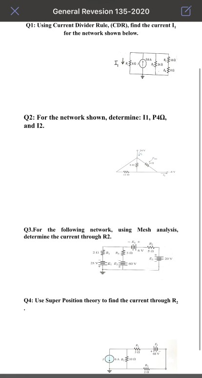 Solved General Revesion 135-2020 Q1: Using Current Divider | Chegg.com
