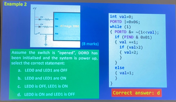 Solved Example 2 Pou ATED 2800 int val=0; PORTD 1=0x06; | Chegg.com