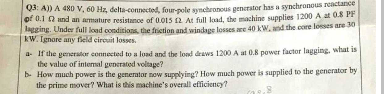 Solved Q3: A)) A 480 V, 60 Hz, delta-connected, four-pole | Chegg.com