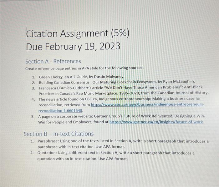 Citation Assignment (5\%) Due February 19, 2023 | Chegg.com