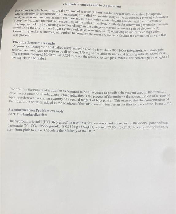 Solved Volumetric Analysis and its Applications Procedures | Chegg.com