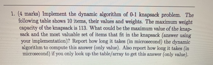 Solved 1. (4 marks) Implement the dynamic algorithm of 0-1 | Chegg.com