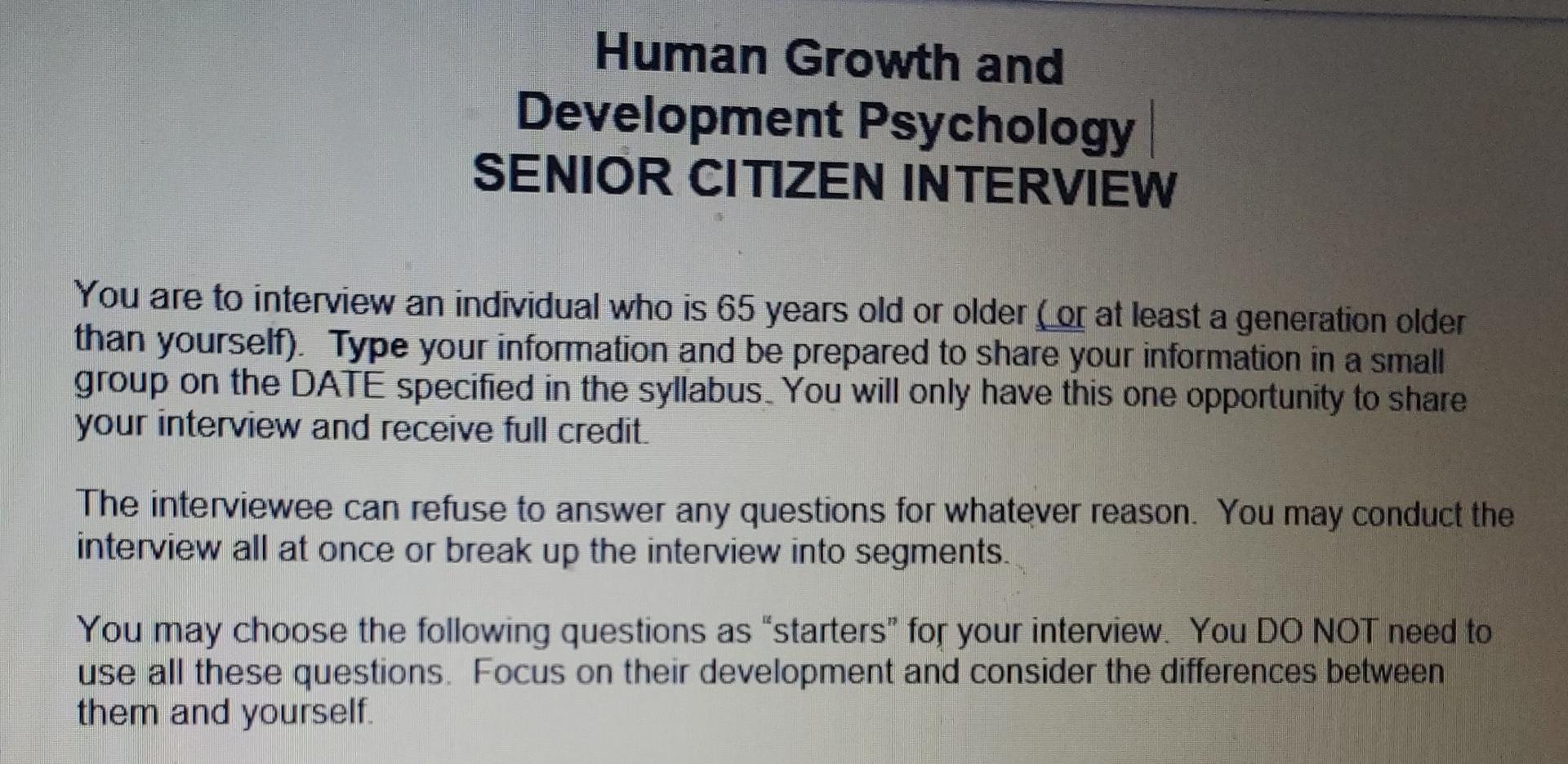 Solved Human Growth and Development Psychology SENIOR | Chegg.com