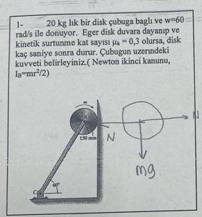 Solved 1 20kg ﻿lik bir disk çubuga bagh ve w=60 rads ﻿ile | Chegg.com