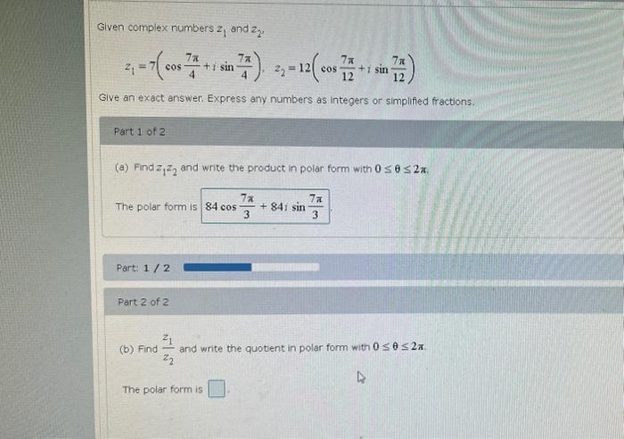 Solved Glven complex numbers z1 and z2 | Chegg.com