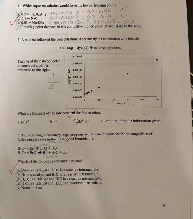 Solved 2. A student followed the concentration of certain | Chegg.com