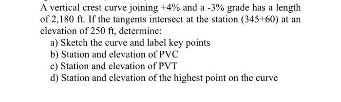 Solved A vertical crest curve joining +4% and a -3% grade | Chegg.com