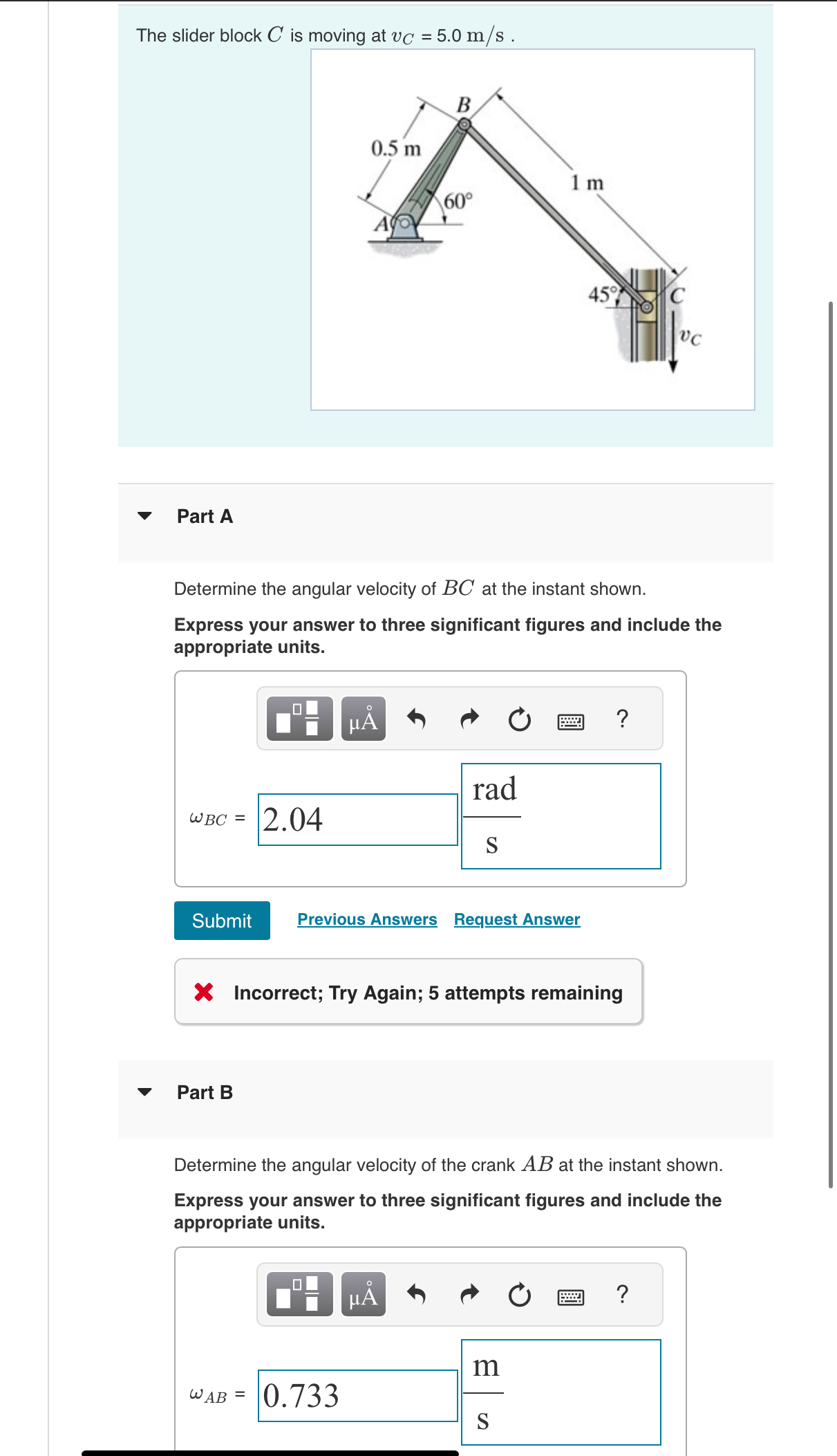 Solved The slider block C ﻿is moving at vC=5.0ms.Part | Chegg.com