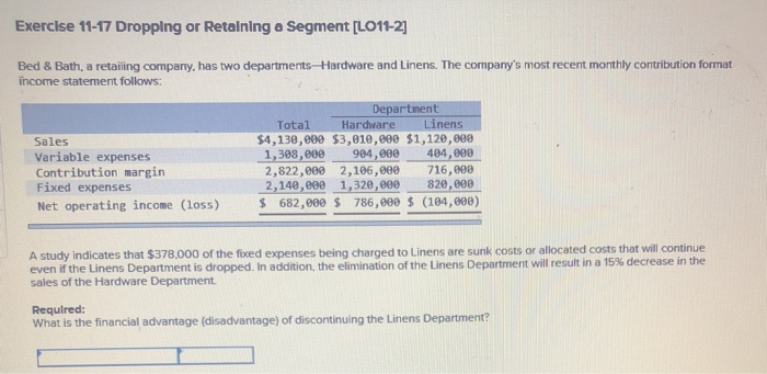 Solved Exercise 11-17 Dropping or Retalning a Segment | Chegg.com