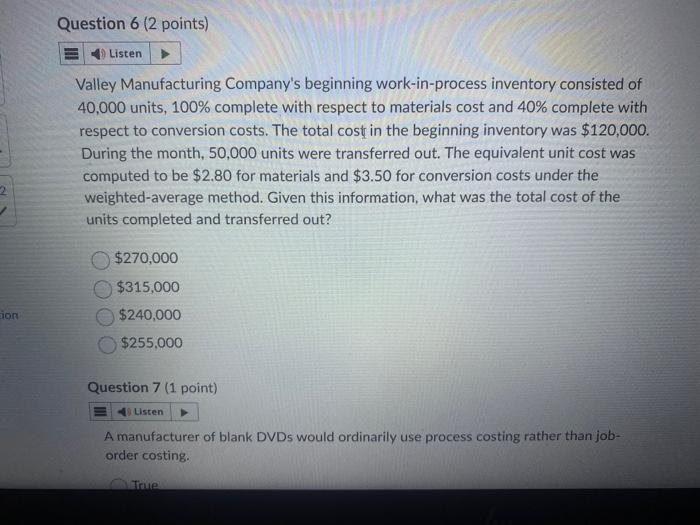 Solved Valley Manufacturing Company's beginning | Chegg.com