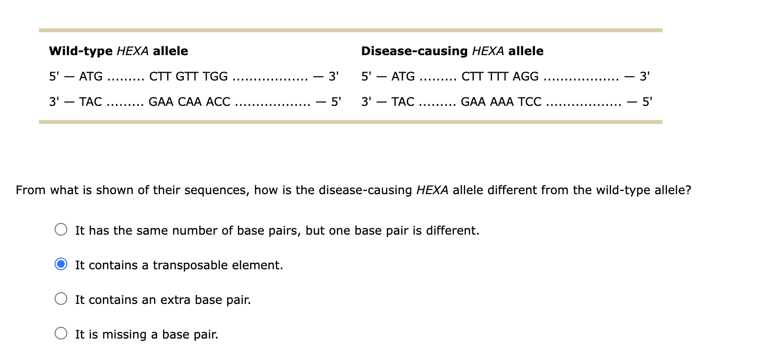 Solved Wild-type HEXA alleleDisease-causing HEXA allele5' - | Chegg.com