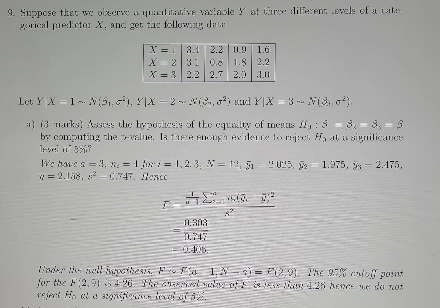 Solved Suppose that we observe a quantitative variable Y at | Chegg.com