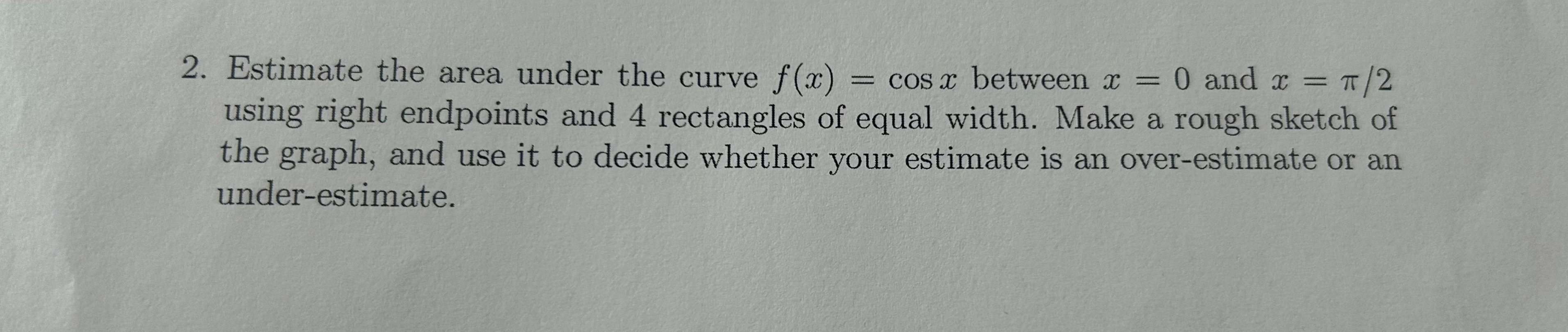 Solved Estimate the area under the curve f(x)=cosx ﻿between | Chegg.com
