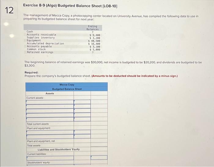 Solved Exercise 8-9 (Algo) Budgeted Balance Sheet [LO8-10] | Chegg.com