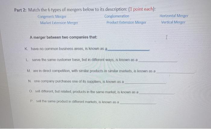 Solved Part 2: Match the 6 types of mergers below to its | Chegg.com