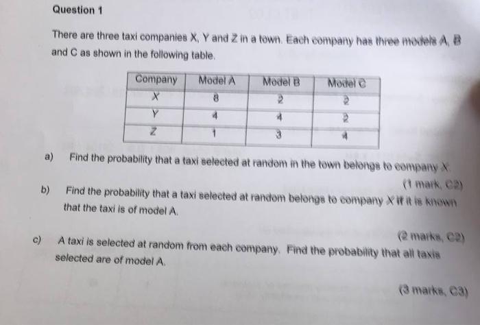 Solved There are three taxi companies X,Y and Z in a fown. | Chegg.com