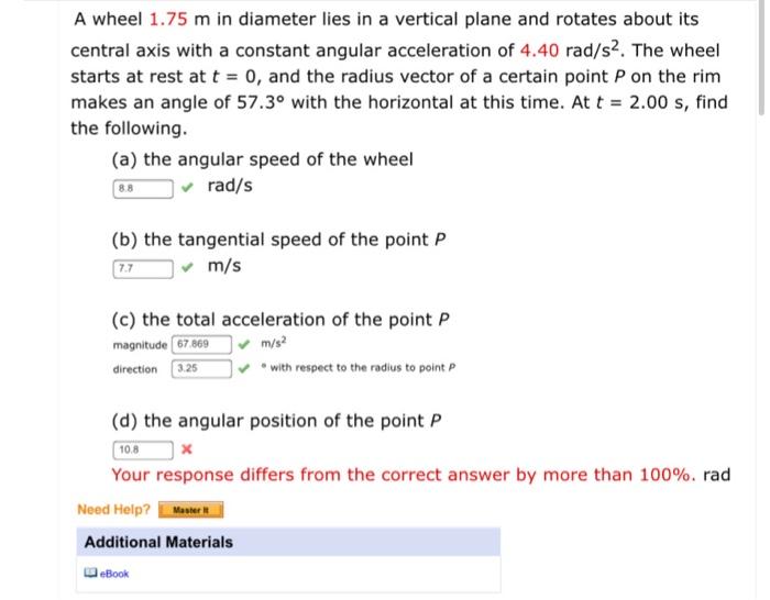 Solved A wheel 1.75 m in diameter lies in a vertical plane | Chegg.com