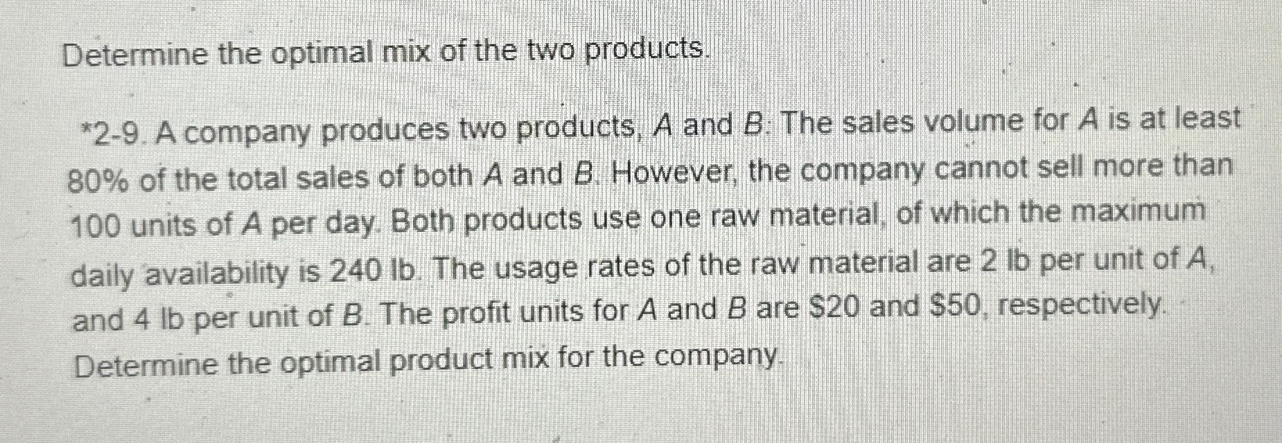 Solved Determine the optimal mix of the two products.*2-9. | Chegg.com