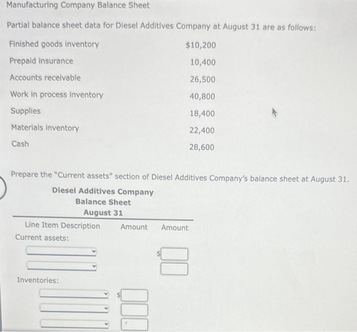 Solved Manufacturing Company Balance Sheet Partial balance | Chegg.com