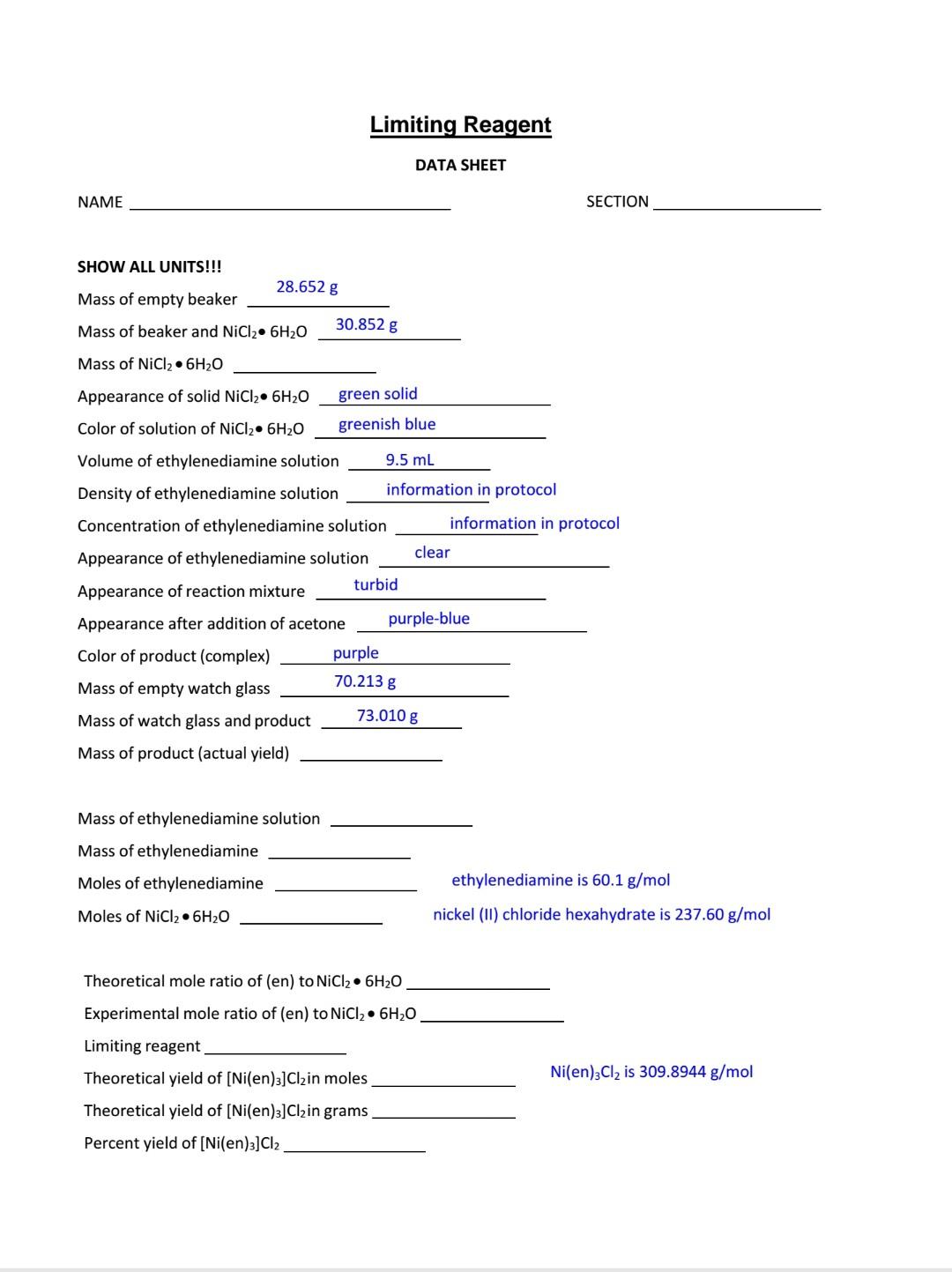 Solved Limiting Reagent DATA SHEET NAME SECTION SHOW ALL | Chegg.com