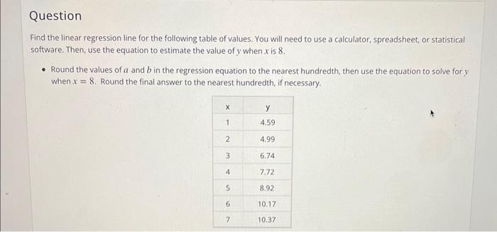 Solved Find the linear regression line for the following | Chegg.com