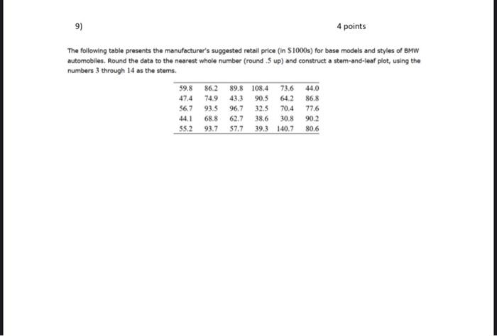 Solved 9) 4 points The following table presents the | Chegg.com
