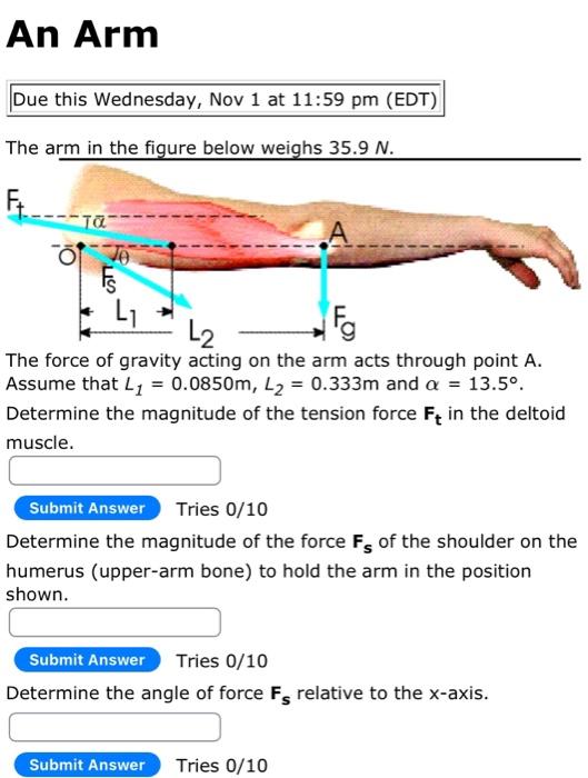 Solved The arm in the figure below weighs 35.9 N. The force | Chegg.com