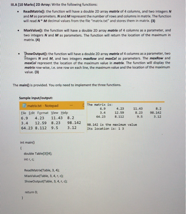 Solved III.A [10 Marks] 2D Array: Write the following | Chegg.com