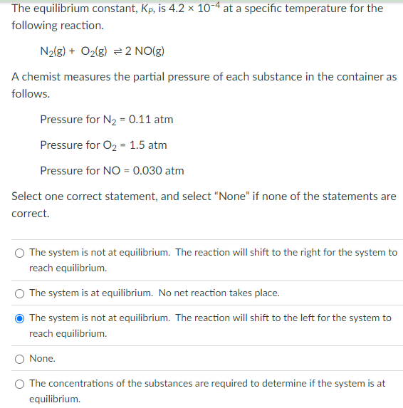 Solved The equilibrium constant, Kp, ﻿is 4.2×10-4 ﻿at a | Chegg.com