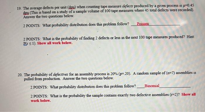 Solved 19. The average defects per unit (dpu) when counting | Chegg.com