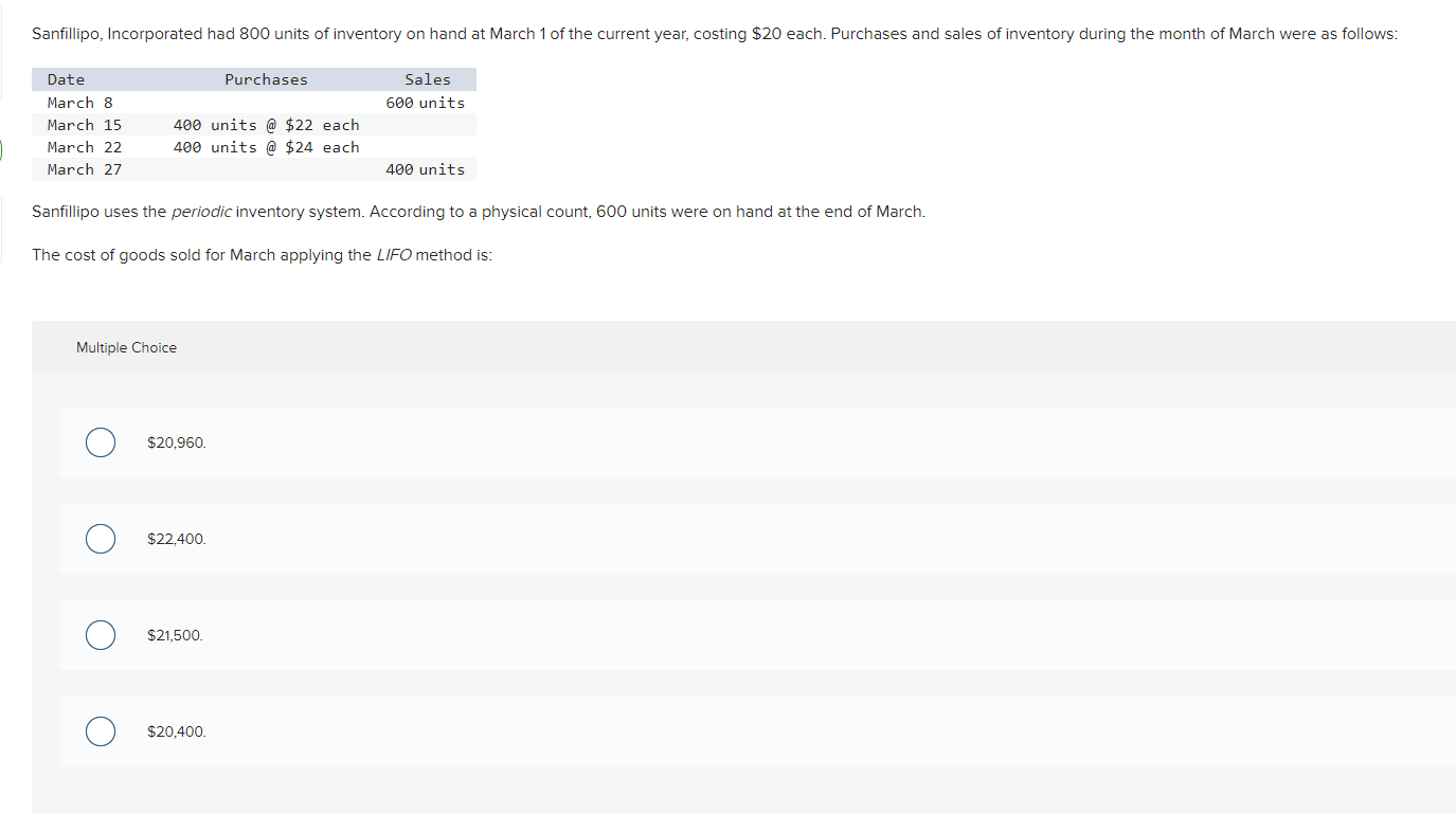 Sanfillipo, Incorporated had 800 ﻿units of inventory | Chegg.com