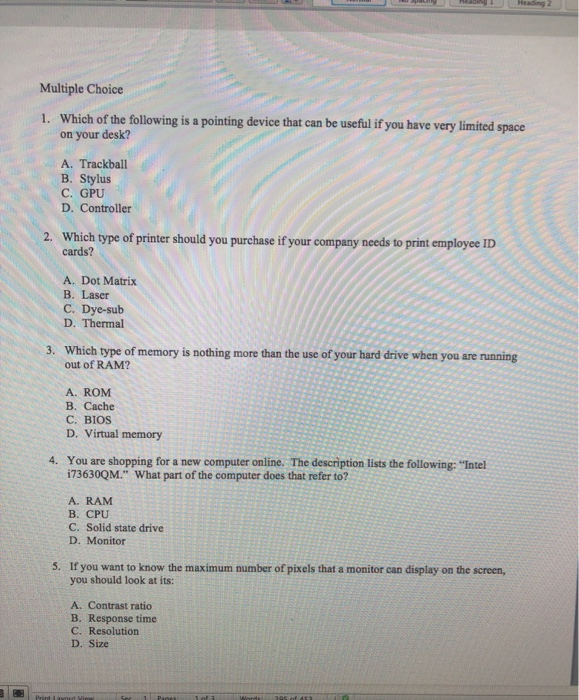 Solved Heading Multiple Choice 1. Which of the following is | Chegg.com