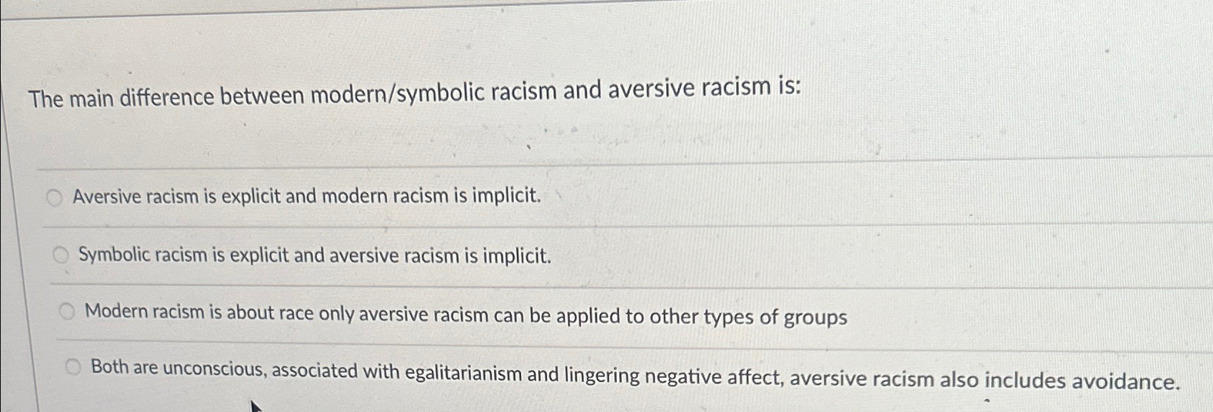 Solved The main difference between modern/symbolic racism | Chegg.com