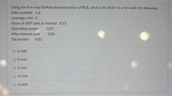 Solved Using the five-way DuPont deconstruction of ROE, what | Chegg.com