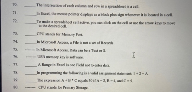 Solved 70. 71. 72. 73. 74. _The intersection of each column | Chegg.com