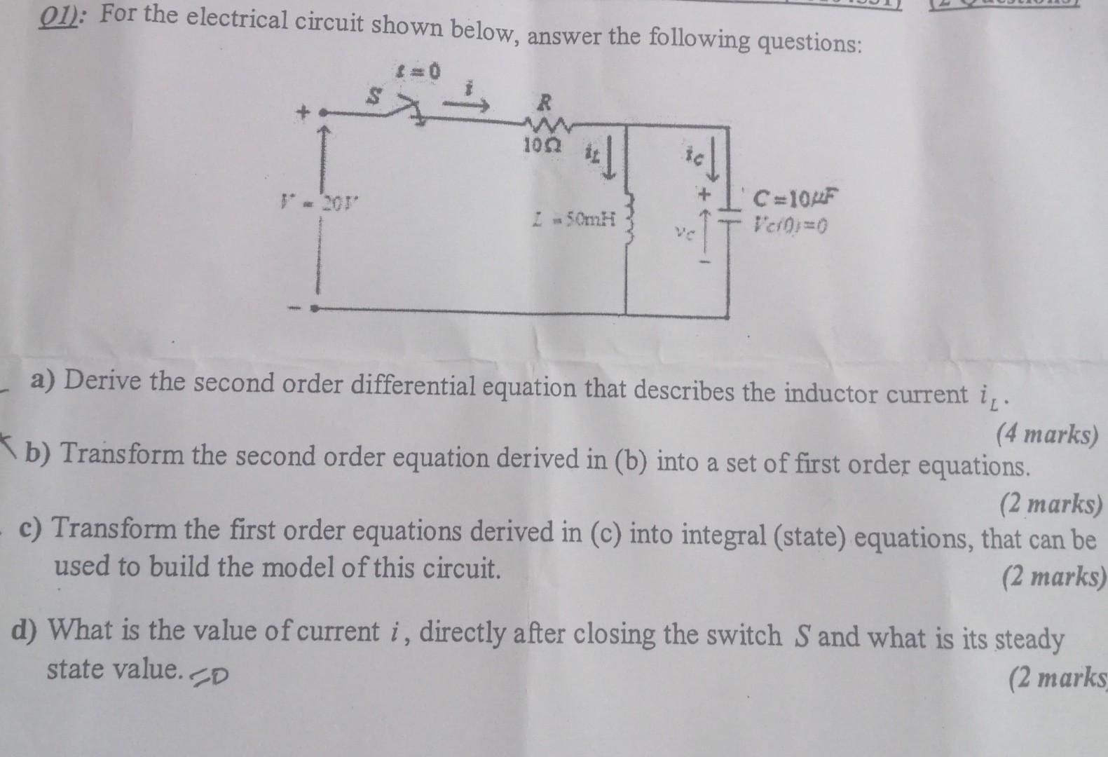 Solved Q1): For the electrical circuit shown below, answer | Chegg.com