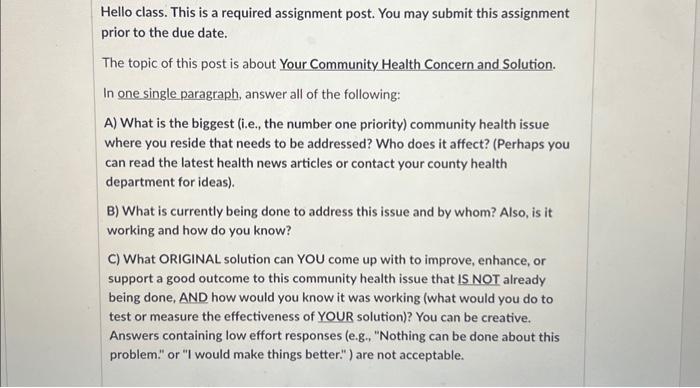 Hello class. This is a required assignment post. You | Chegg.com