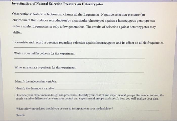 Solved Investigation of Natural Selection Pressure on | Chegg.com