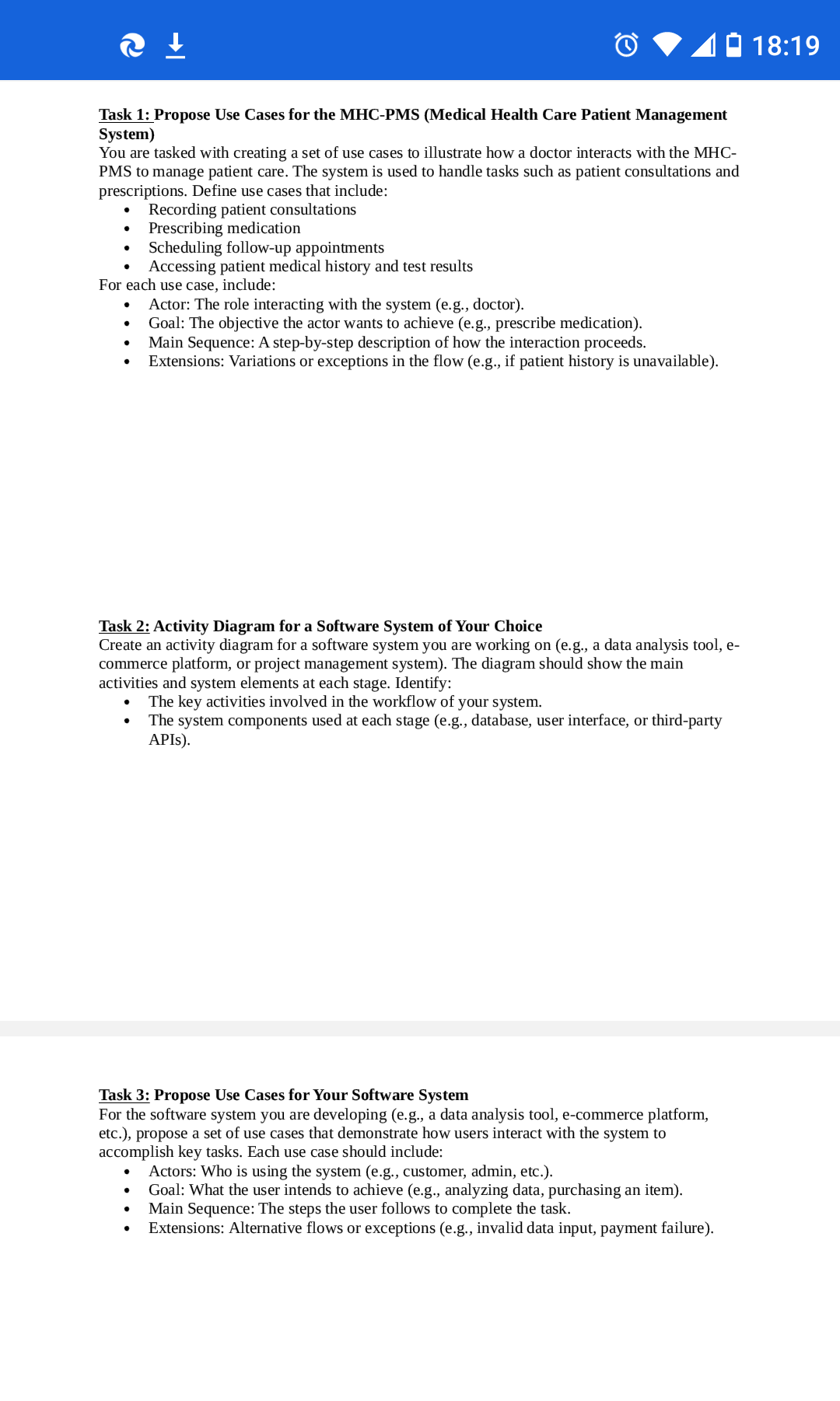 Solved Task 1: Propose Use Cases for the MHC-PMS (Medical | Chegg.com