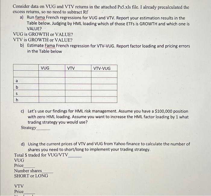 Consider data on VUG and VTV returns in the attached | Chegg.com