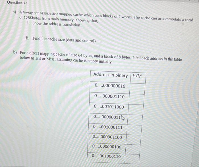 Solved Question 4: a) A 4-way set associative mapped cache | Chegg.com