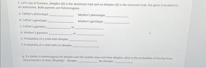 Solved 1. Let's say in humans, dimples (D) is the dominant | Chegg.com
