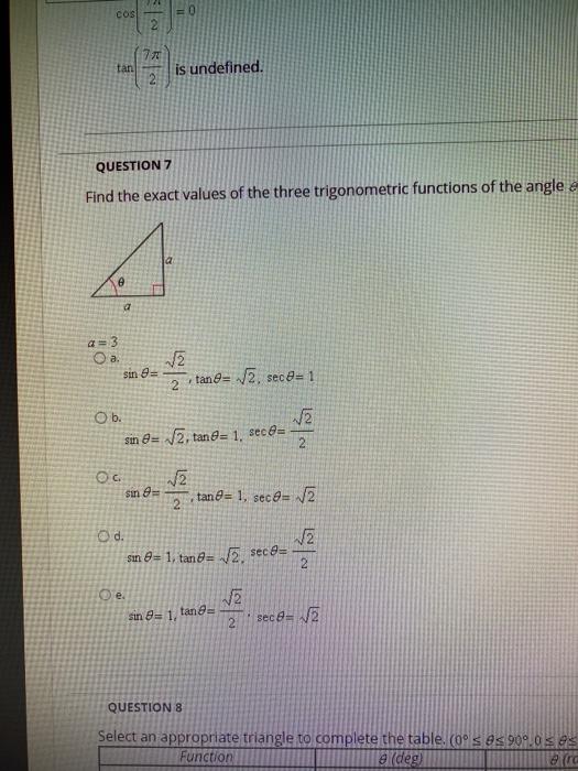 Solved COS =0 170 tan is undefined. QUESTION 7 Find the | Chegg.com