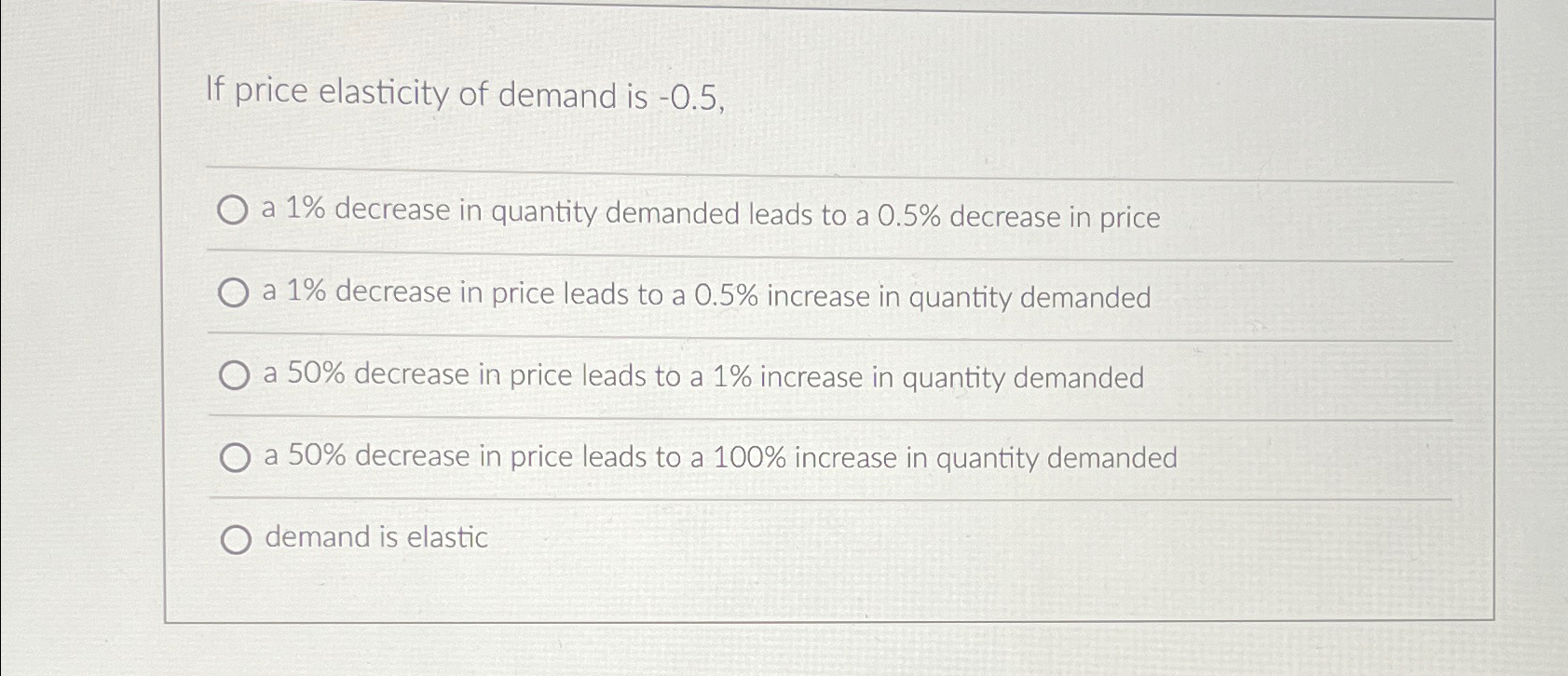 Solved If price elasticity of demand is -0.5 ,a 1% ﻿decrease | Chegg.com